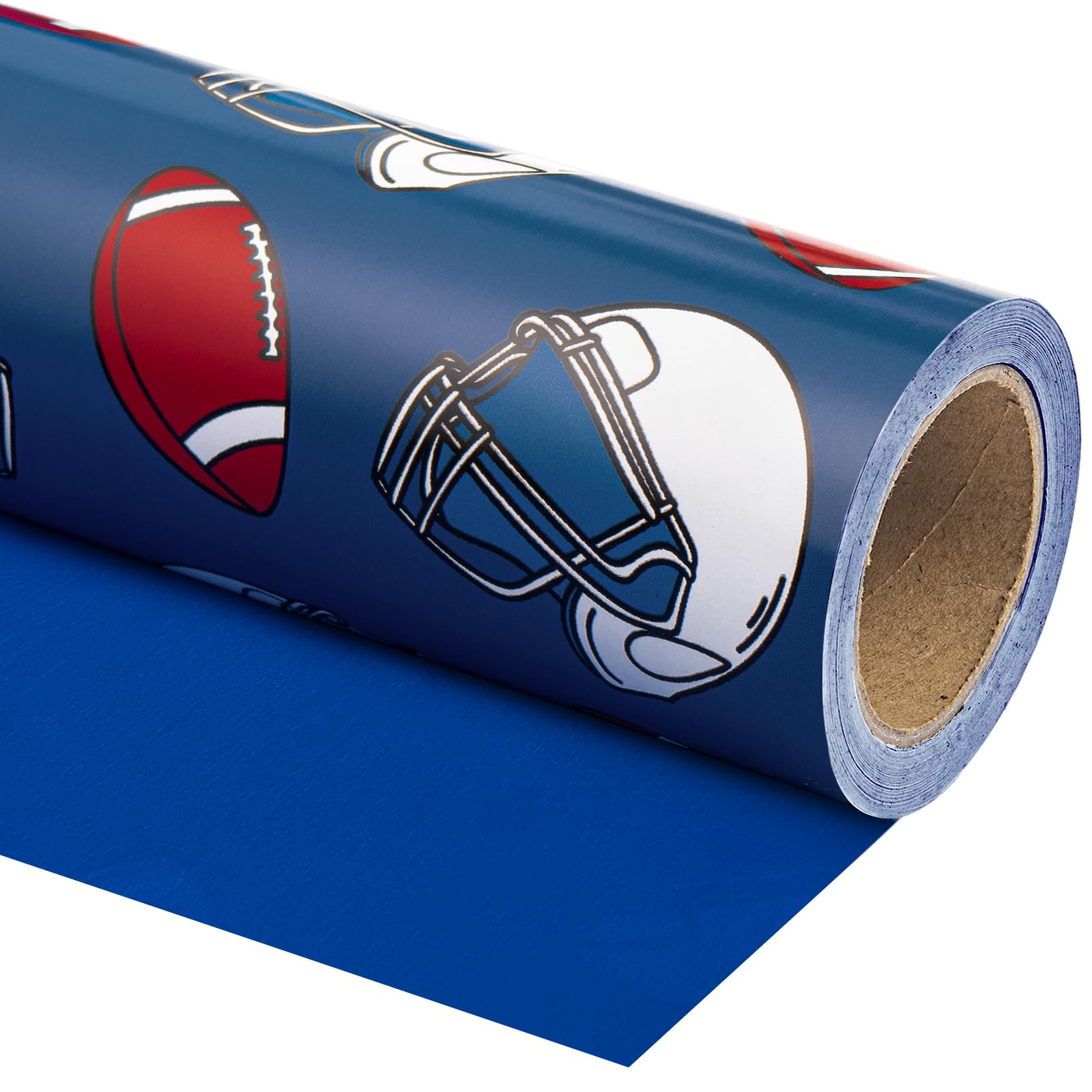 WRAPAHOLIC Reversible Wrapping Paper - Mini Roll - 17 Inch X 33 Feet - Rugby Design with Solid Blue Design for Birthday, Holiday, Baby Shower