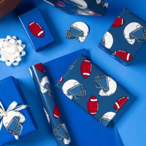 WRAPAHOLIC Reversible Wrapping Paper - Mini Roll - 17 Inch X 33 Feet - Rugby Design with Solid Blue Design for Birthday, Holiday, Baby Shower