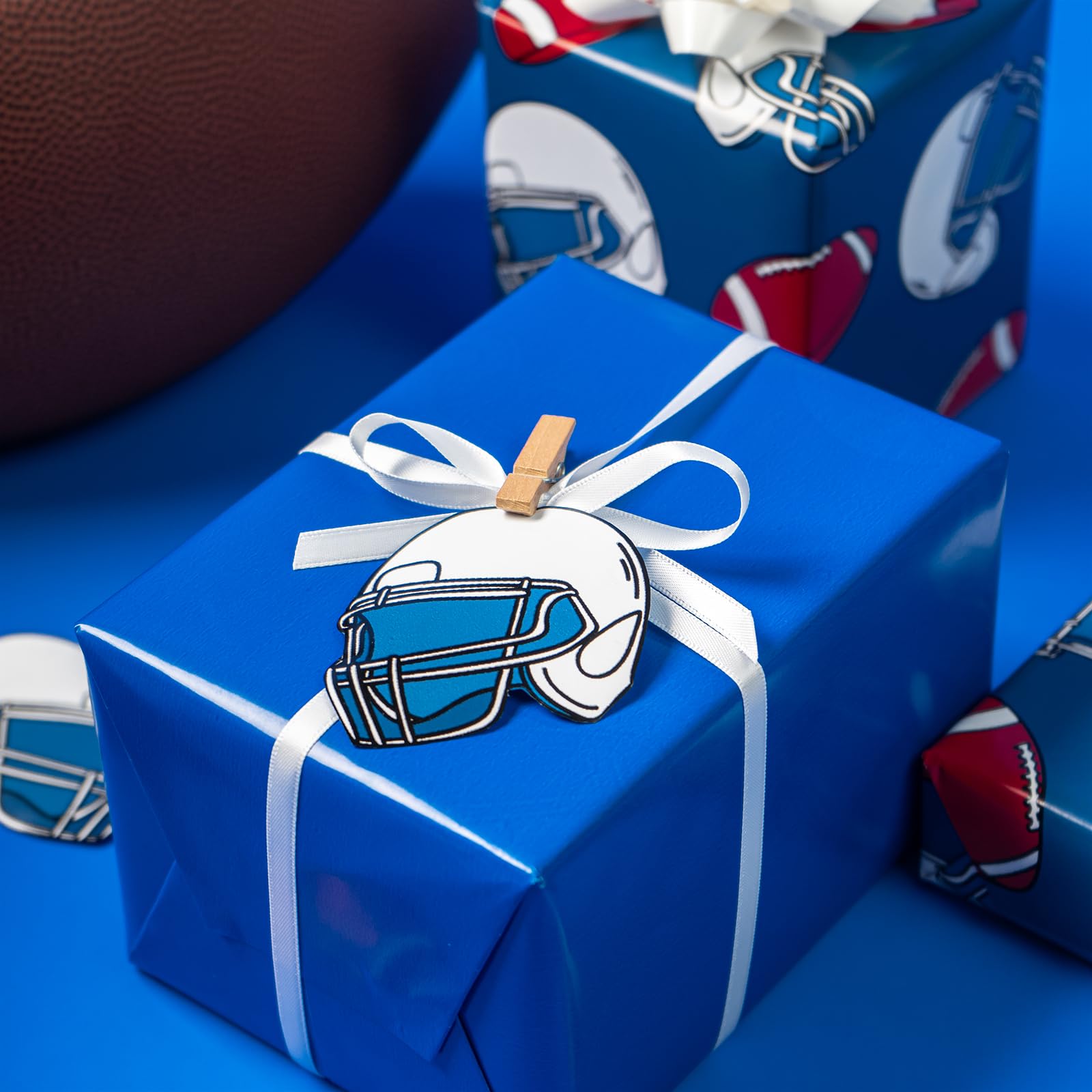 WRAPAHOLIC Reversible Wrapping Paper - Mini Roll - 17 Inch X 33 Feet - Rugby Design with Solid Blue Design for Birthday, Holiday, Baby Shower