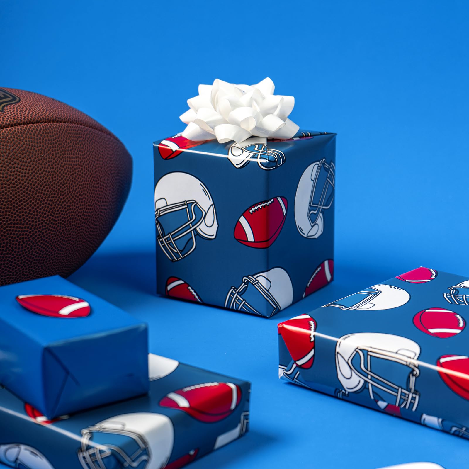 WRAPAHOLIC Reversible Wrapping Paper - Mini Roll - 17 Inch X 33 Feet - Rugby Design with Solid Blue Design for Birthday, Holiday, Baby Shower