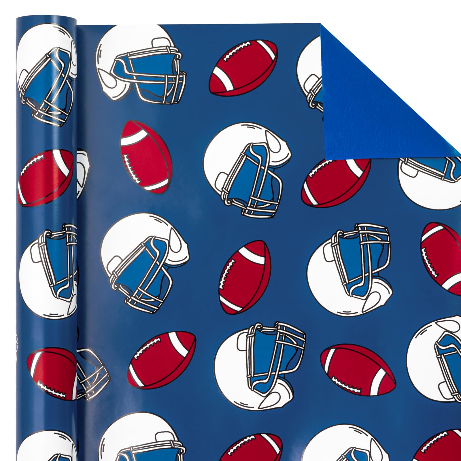 WRAPAHOLIC Reversible Wrapping Paper - Mini Roll - 17 Inch X 33 Feet - Rugby Design with Solid Blue Design for Birthday, Holiday, Baby Shower