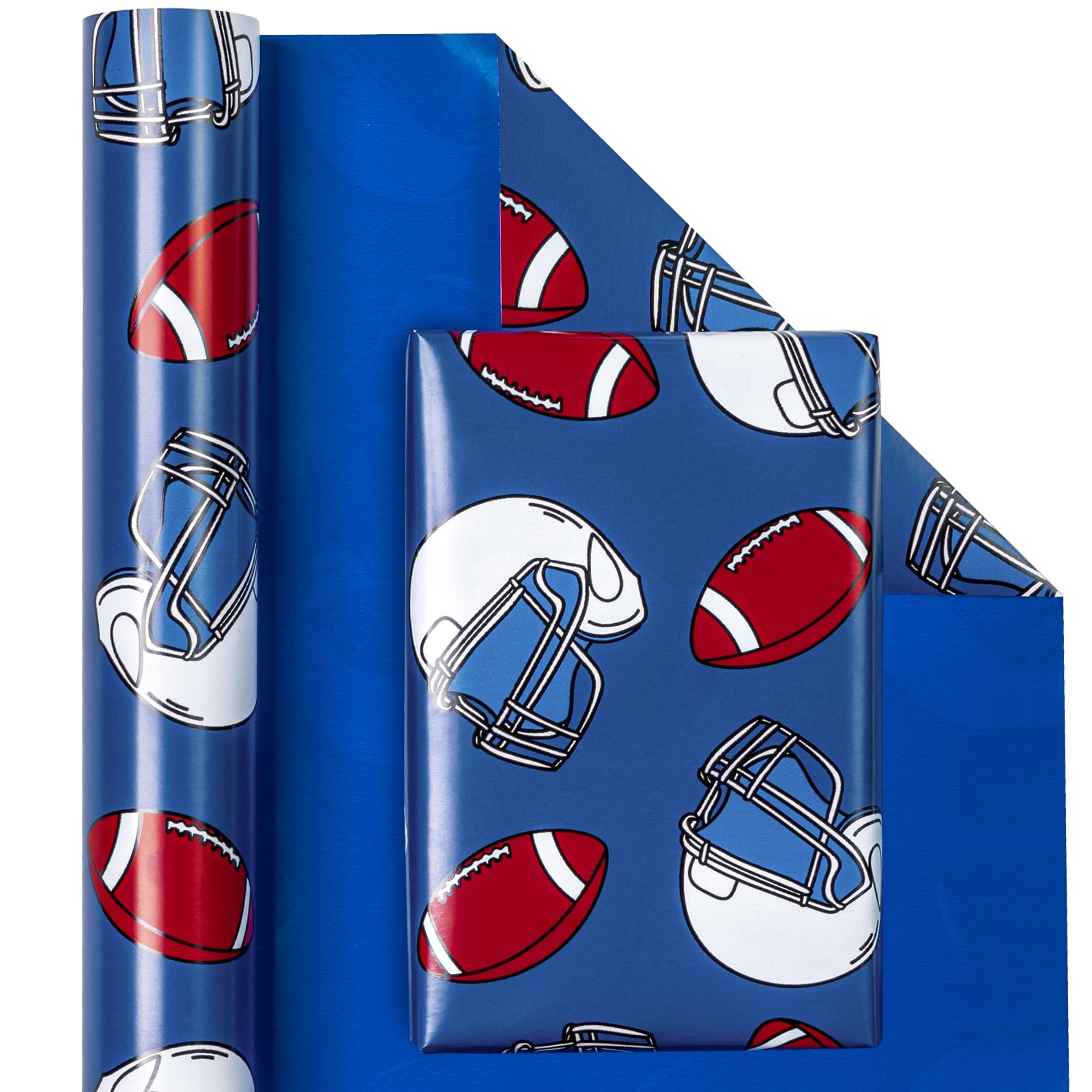 WRAPAHOLIC Reversible Wrapping Paper - Mini Roll - 17 Inch X 33 Feet - Rugby Design with Solid Blue Design for Birthday, Holiday, Baby Shower