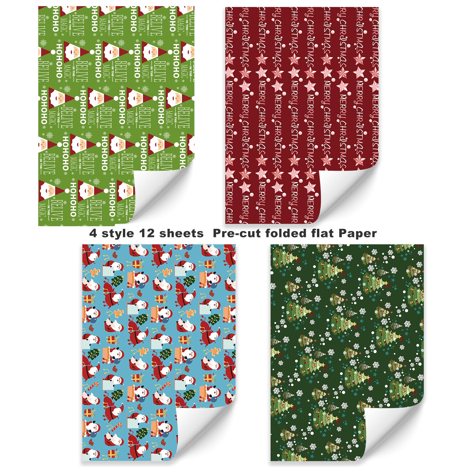 PlandRichW Christmas Wrapping Paper 12 Sheets Folded for Kids Boys Girls Men Women Gifts. Green,Red and Blue, Christmas Tree, Greetings, Santa, Gift and Snowflakes, 20 X 29 Inches Each