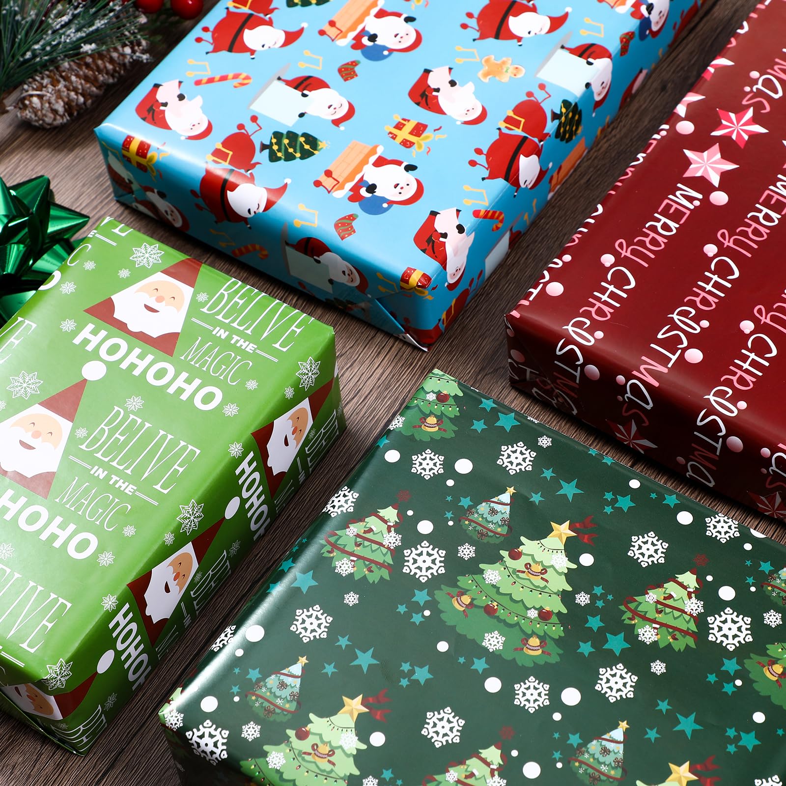 PlandRichW Christmas Wrapping Paper 12 Sheets Folded for Kids Boys Girls Men Women Gifts. Green,Red and Blue, Christmas Tree, Greetings, Santa, Gift and Snowflakes, 20 X 29 Inches Each