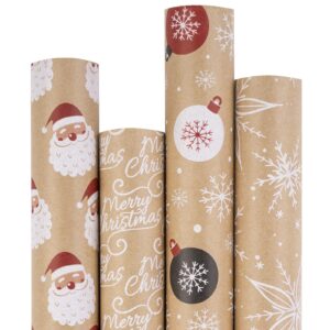 ruspepa christmas wrapping paper, kraft paper - santa claus, snowflake, christmas ball and merry christmas - 4 rolls - 30 inches x 10 feet per roll