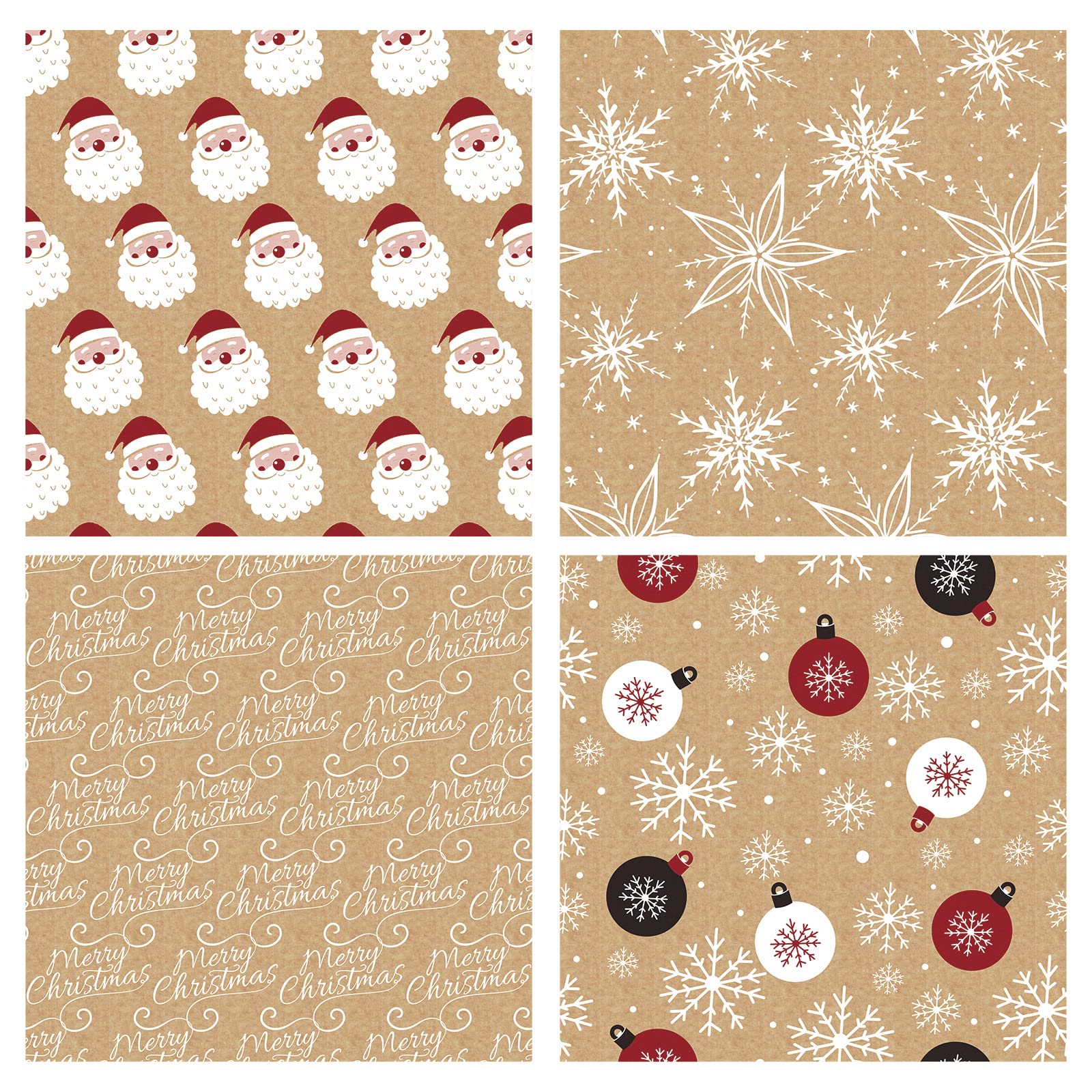 RUSPEPA Christmas Wrapping Paper, Kraft Paper - Santa Claus, Snowflake, Christmas Ball and Merry Christmas - 4 Rolls - 30 inches x 10 feet per Roll