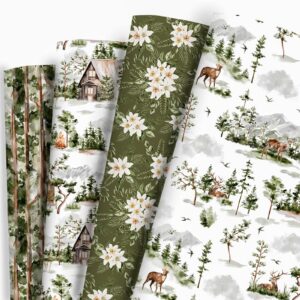 dtiafu forest green wrapping paper 4 watercolor woodland style gift wrap paper bulk green tree and farmhouse for christmas wedding baby shower, 20 x 28 inch, folded flat (8 sheet)