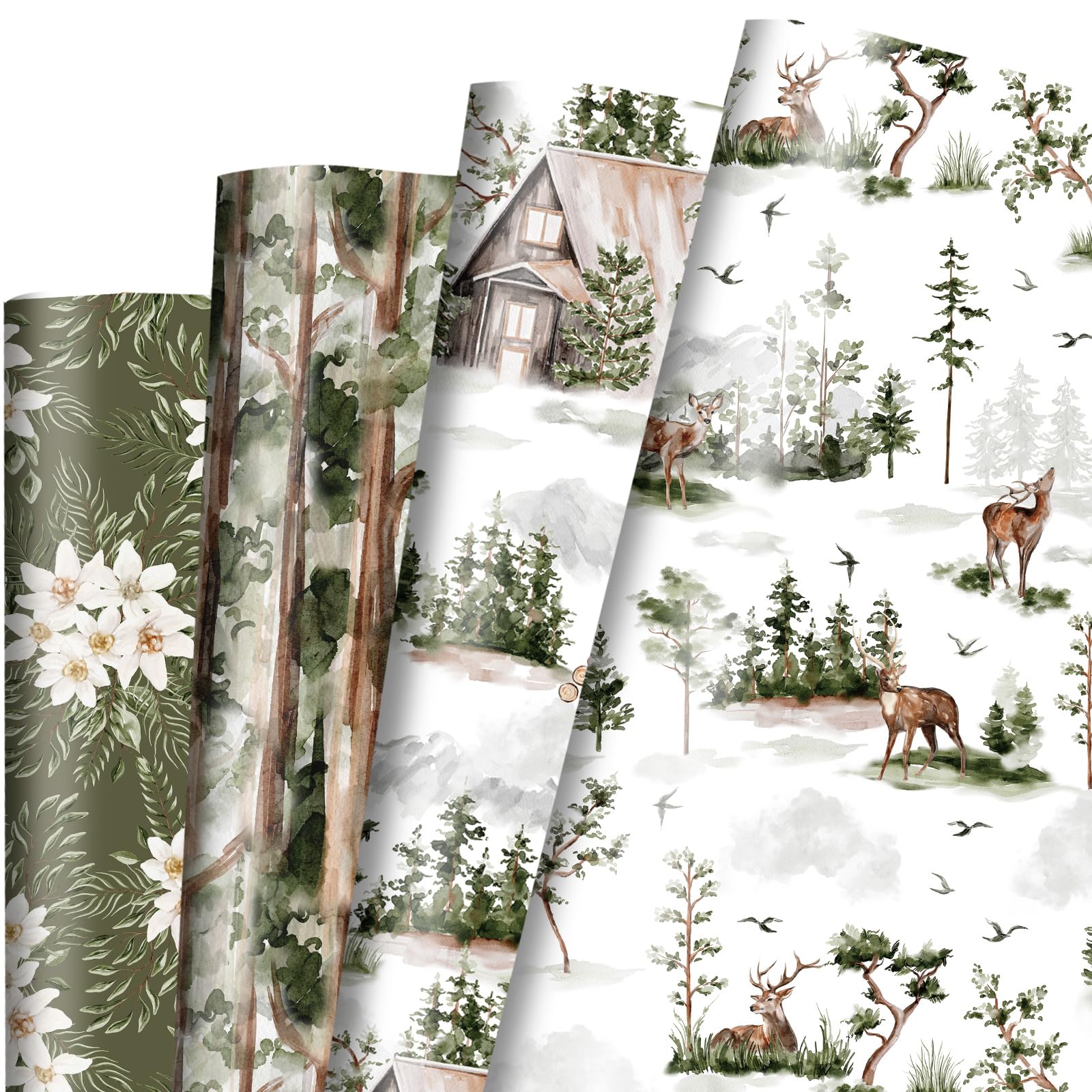 Dtiafu Forest Green Wrapping Paper 4 Watercolor Woodland Style Gift Wrap Paper Bulk Green Tree and Farmhouse for Christmas Wedding Baby Shower, 20 X 28 Inch, Folded Flat (8 Sheet)