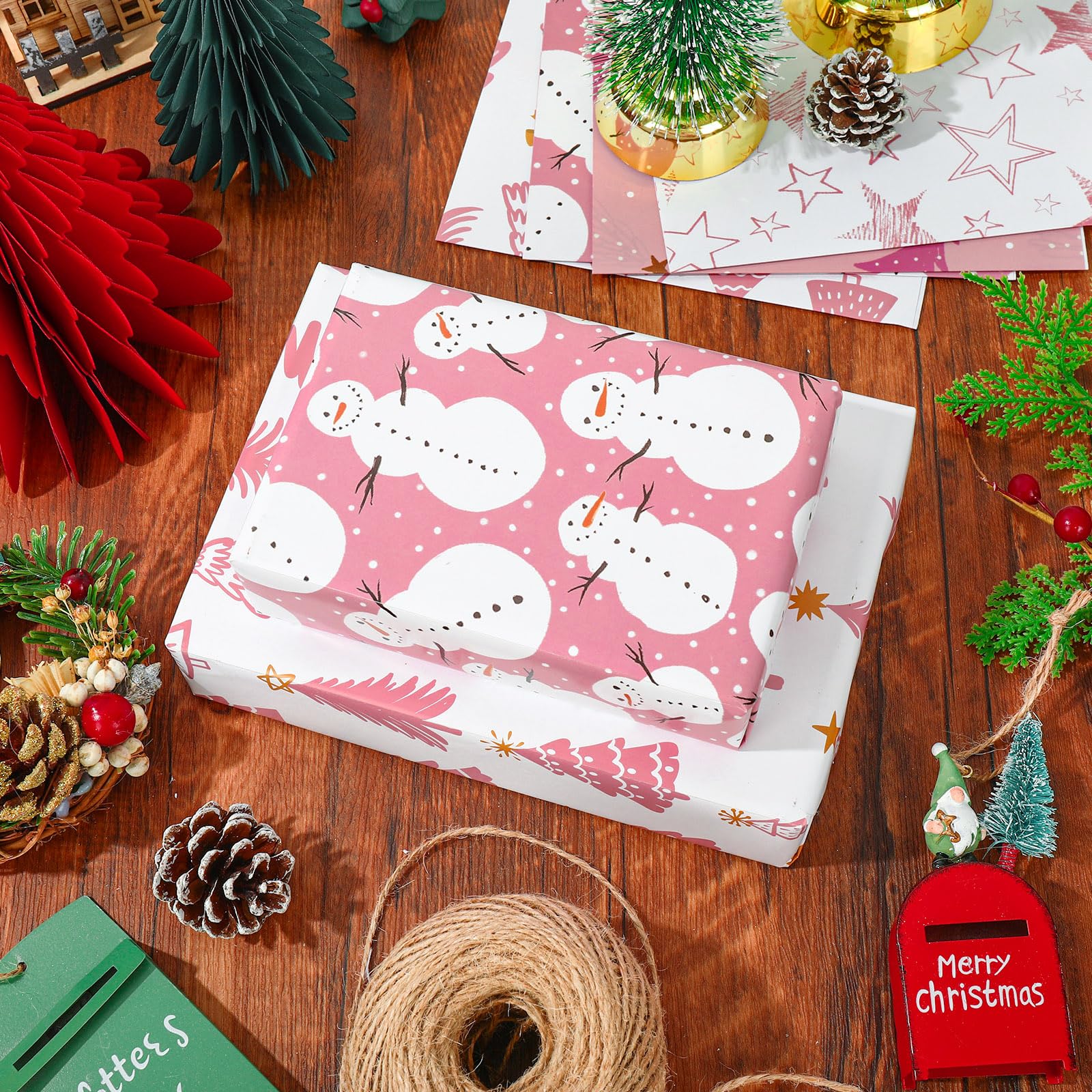 AnyDesign 12 Sheet Pink Christmas Wrapping Paper Santa Snowman Snowflake Star Tree Gift Wrap Paper Folded Flat Xmas Art Paper for Christmas Winter Birthday DIY Crafts Gift Wrapping, 19.7 x 27.6 Inch