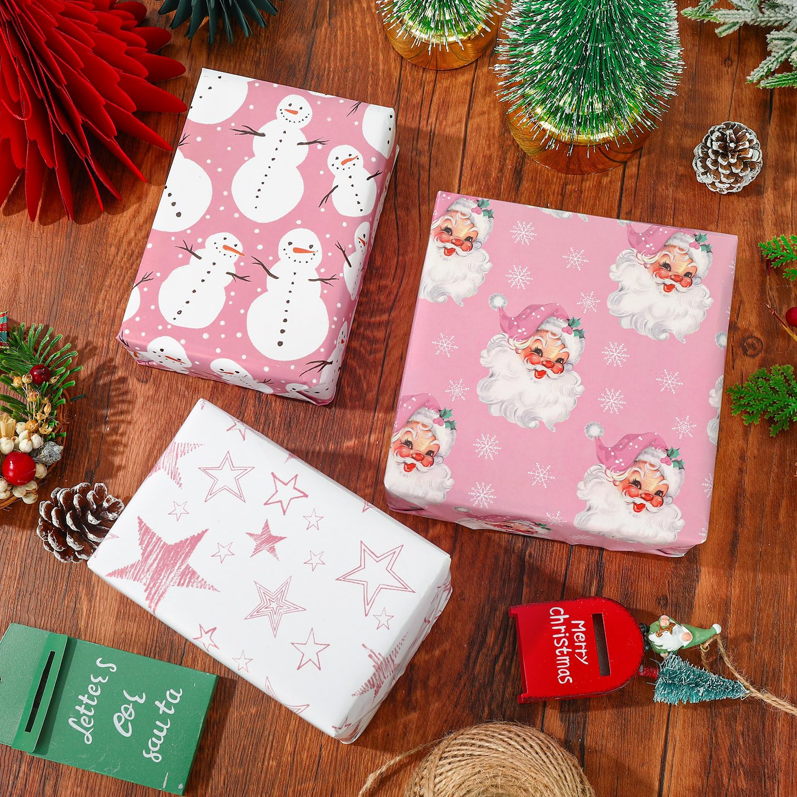 AnyDesign 12 Sheet Pink Christmas Wrapping Paper Santa Snowman Snowflake Star Tree Gift Wrap Paper Folded Flat Xmas Art Paper for Christmas Winter Birthday DIY Crafts Gift Wrapping, 19.7 x 27.6 Inch