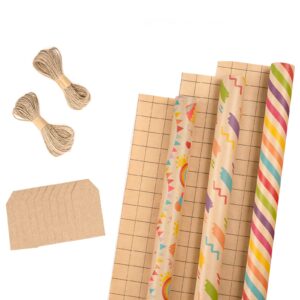 ruspepa wrapping paper rolls with tags and jute string - mini roll - 17 inches x 10 feet per roll, total of 3 rolls, birthday