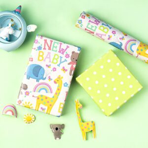 WRAPAHOLIC Reversible Baby Shower Wrapping Paper - Mini Roll - 17 Inch X 33 Feet - Animals & New Baby Design for Birthday, Holiday, Party