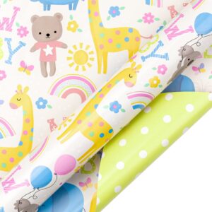 WRAPAHOLIC Reversible Baby Shower Wrapping Paper - Mini Roll - 17 Inch X 33 Feet - Animals & New Baby Design for Birthday, Holiday, Party