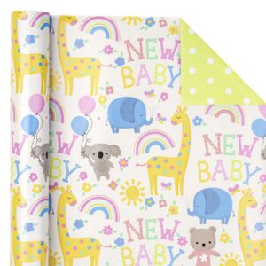 WRAPAHOLIC Reversible Baby Shower Wrapping Paper - Mini Roll - 17 Inch X 33 Feet - Animals & New Baby Design for Birthday, Holiday, Party