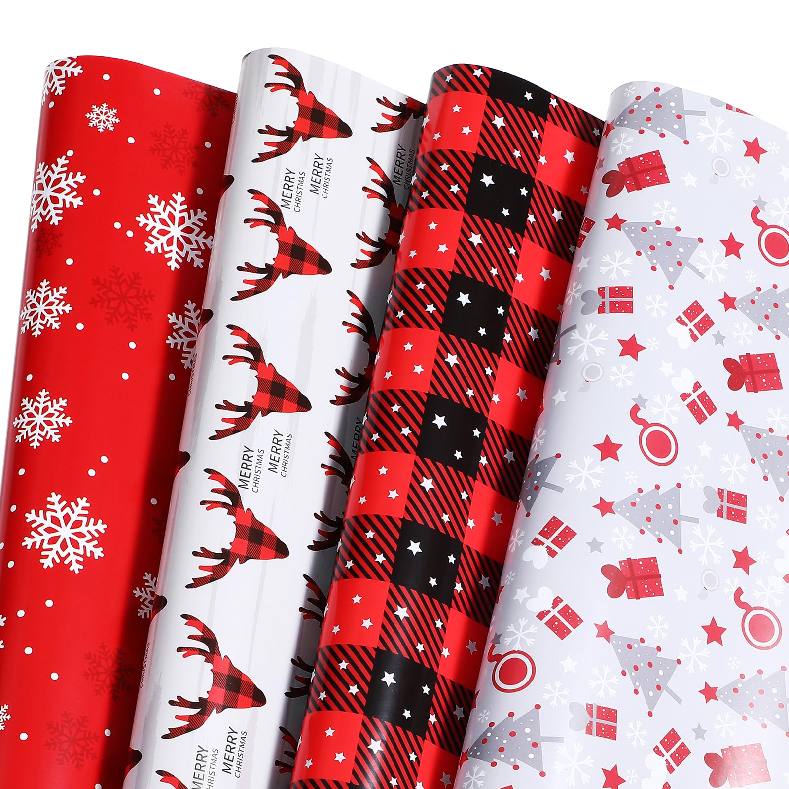 Ulmasinn Christmas Wrapping Paper Holiday Woodland Gift Scene with Christmas Tree, Snowflakes, Plaid, Reindeer, Flat 8 Sheets 20 X 29 Inches Each