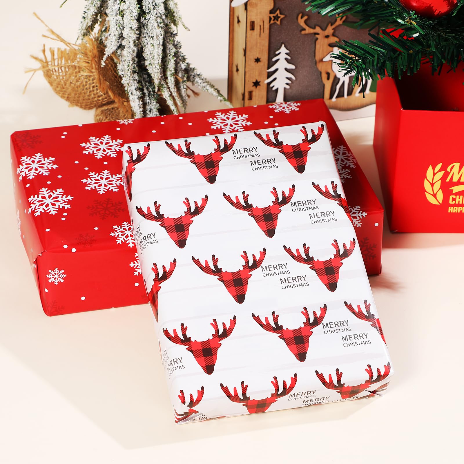 Ulmasinn Christmas Wrapping Paper Holiday Woodland Gift Scene with Christmas Tree, Snowflakes, Plaid, Reindeer, Flat 8 Sheets 20 X 29 Inches Each