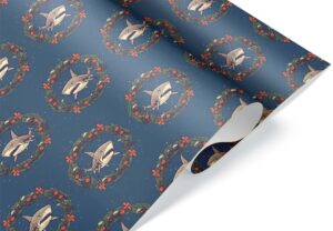 shark wreath christmas wrapping paper, christmas holiday gift wrap, ocean animal theme party decor (20 inch x 30 inch sheet)