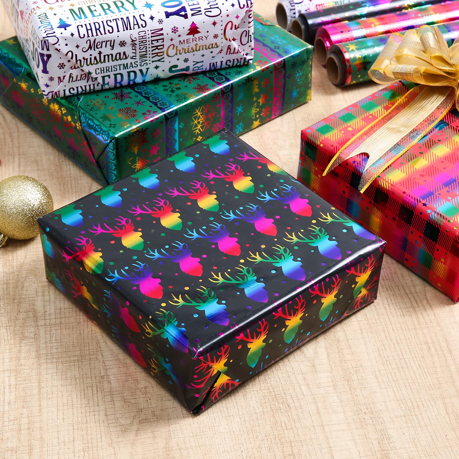 THMORT Christmas Wrapping Paper 4 Rolls with a Wrapping paper Cutter Kit for Boys&Girls,Adults,Kids Colorful Foil Mini Rolls 17 Inch X 120 Inch Gift Wrapping Paper Roll for Merry Christmas