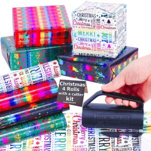 thmort christmas wrapping paper 4 rolls with a wrapping paper cutter kit for boys&girls,adults,kids colorful foil mini rolls 17 inch x 120 inch gift wrapping paper roll for merry christmas