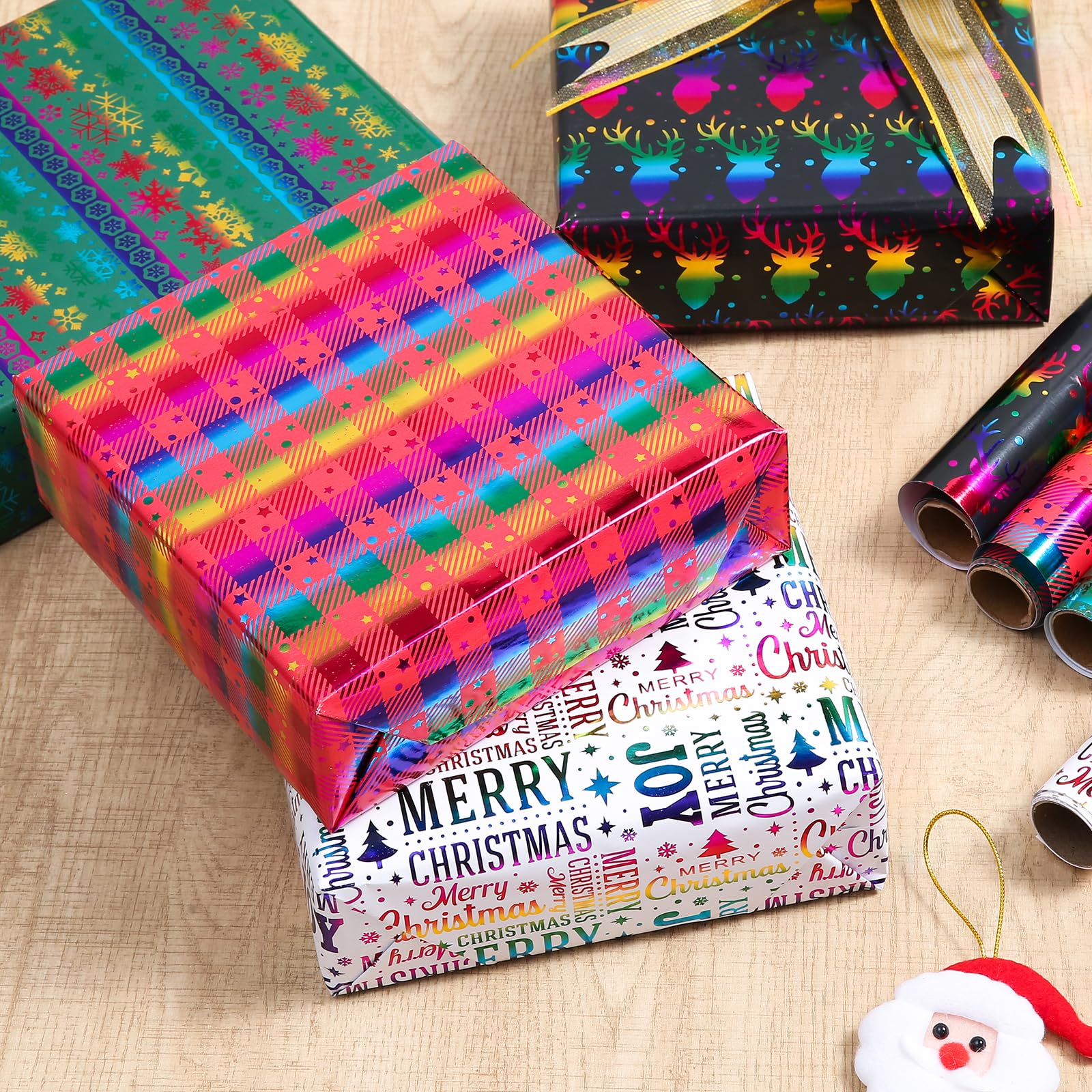 THMORT Christmas Wrapping Paper 4 Rolls with a Wrapping paper Cutter Kit for Boys&Girls,Adults,Kids Colorful Foil Mini Rolls 17 Inch X 120 Inch Gift Wrapping Paper Roll for Merry Christmas