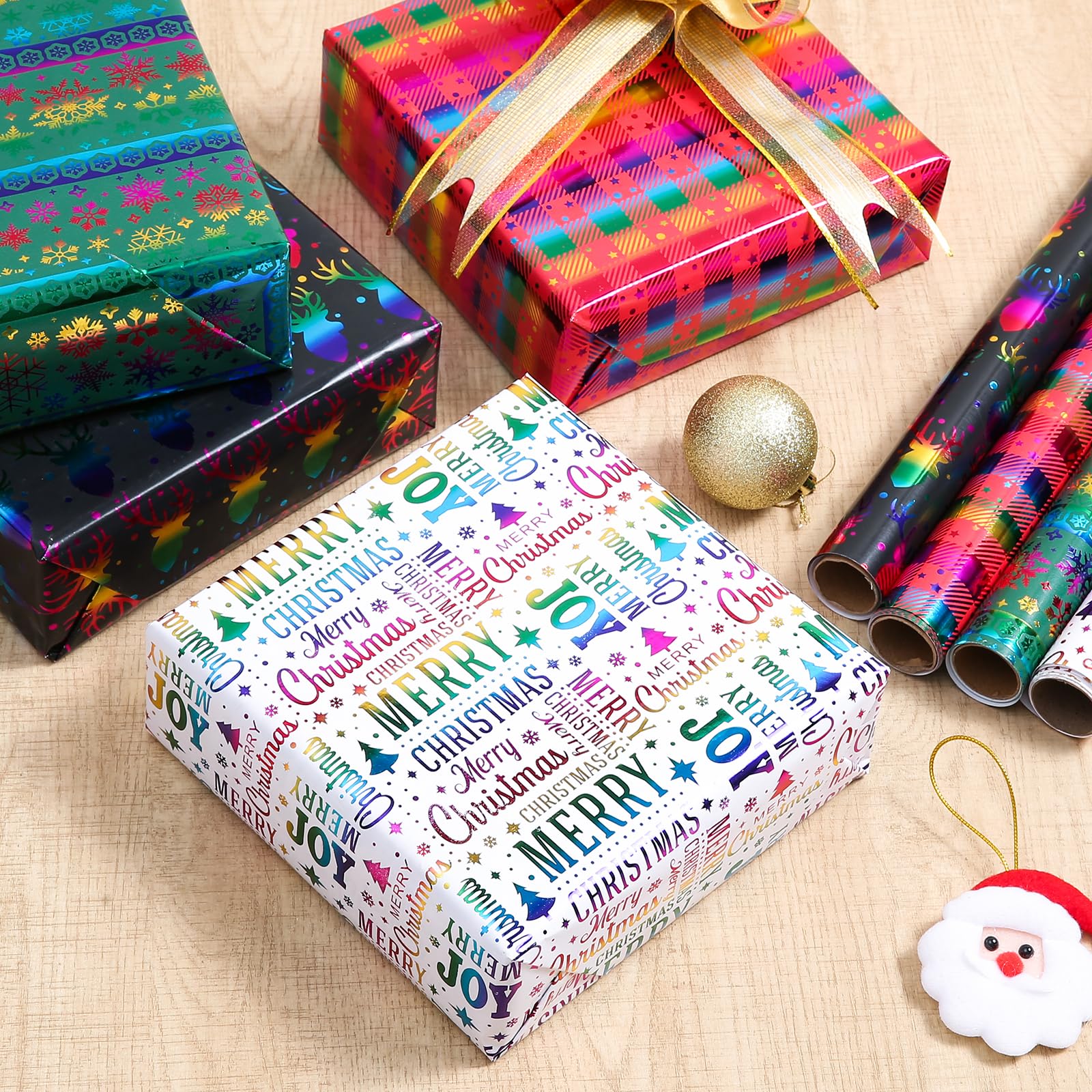 THMORT Christmas Wrapping Paper 4 Rolls with a Wrapping paper Cutter Kit for Boys&Girls,Adults,Kids Colorful Foil Mini Rolls 17 Inch X 120 Inch Gift Wrapping Paper Roll for Merry Christmas