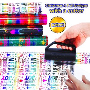 THMORT Christmas Wrapping Paper 4 Rolls with a Wrapping paper Cutter Kit for Boys&Girls,Adults,Kids Colorful Foil Mini Rolls 17 Inch X 120 Inch Gift Wrapping Paper Roll for Merry Christmas