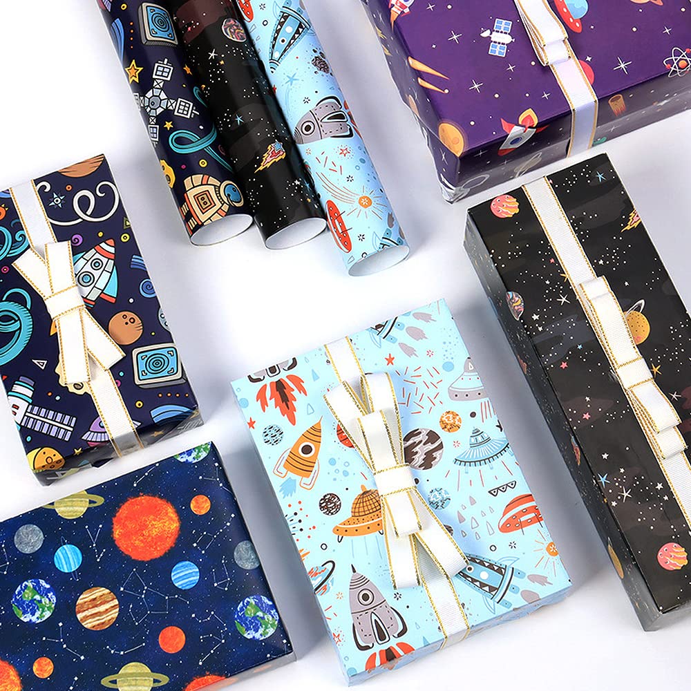 Geluode Birthday Wrapping Paper For Kids Boys Girls Space Lover, Outer Space Wrapping Paper for Birthday Baby Shower Kindergarten Party, 5 Styles Total 10 Sheets Folded Flat 20x28 Inches Per Sheet