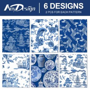 AnyDesign 12 Sheet Blue White Chinoiserie Pattern Wrapping Paper China Elements Gift Wrap Paper Bulk Oriental Art Paper for Birthday Daily Wedding Gift Packing Supplies, Folded Flat, 19.7 x 27.6 Inch