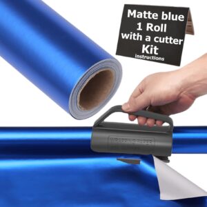 thmort matte blue wrapping paper roll with a cutter kit for birthday,wedding,christmas,baby shower 17 inch x 33 feet pure solid color all occasions for gift wrapping royal sapphire blue.