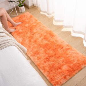 Softlife Area Rug for Bedroom, 2x6 Feet Runner Rug Plush Fluffy Rug for Living Room, Tie-Dyed Orange Shag Rug for Aesthetic Christmas Room Decor, Modern Fuzzy Faux Fur Carpet for Kids Nursery Room