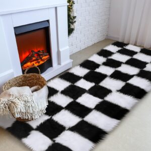 timgle checkered area rug for living room shag fuzzy checkered rug for bedroom shaggy rug 3 layer fluffy thick washable checkered carpet for teen student dorm boys girls room(black white, 2 x 6 ft)