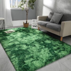 hutha 4x6 large area rugs for living room, super soft fluffy modern bedroom rug, tie-dyed green indoor shag fuzzy carpets for girls kids nursery room home decor