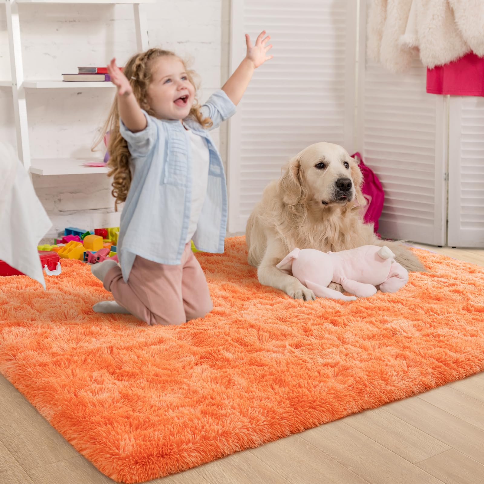 Rtizon Fluffy Rugs for Girls Bedroom, 3x5 Feet Soft Shaggy Orange Area Rug for Kids Playroom Living Room Dorm, Kawaii Tie-Dye Princess Rug for Baby Toddler Nursery