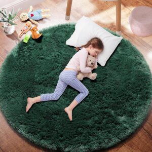 pagisofe dark green 4x4 round rug for boys bedroom,soft circle fluffy rugs for kids teen room,circular plush indoor rug for playroom,emerald green rug,shaggy floor rug for classroom reading nook