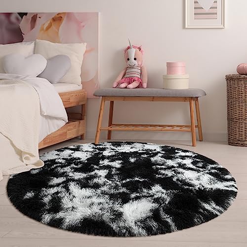 EVOIONOS Round Black and White Rug, Fluffy Circle Rug 4x4 Feet for Kids Room, Shaggy Plush Circular Carpet for Bedroom, Soft Non Slip Floor Mat, Cute Tie Dye Rug, Furry Small Rug for Home Room Decor