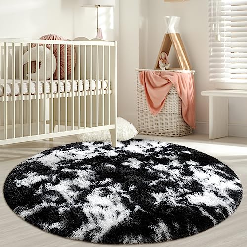 EVOIONOS Round Black and White Rug, Fluffy Circle Rug 4x4 Feet for Kids Room, Shaggy Plush Circular Carpet for Bedroom, Soft Non Slip Floor Mat, Cute Tie Dye Rug, Furry Small Rug for Home Room Decor