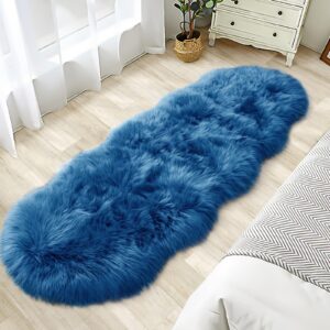 faux fur rug for bedroom, fluffy runner rugs soft sheepskin rug sofa couch seat cushion, 2x6ft dark blue plush area rug shag rugs floor carpets for nursery bedside, cute shaggy fuzzy home decor