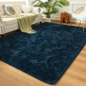 andecor shag area rug for living room, 8x10 feet navy blue soft fluffy indoor plush throw rugs for bedroom girls kids room nursery dorm home decor carpet