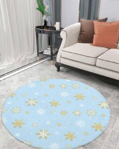 snowflake blue fluffy round area rug carpets 3.3ft, plush shaggy carpet soft circular rugs, non-slip fuzzy accent floor mat for living room bedroom nursery winter christmas contemporary gold white