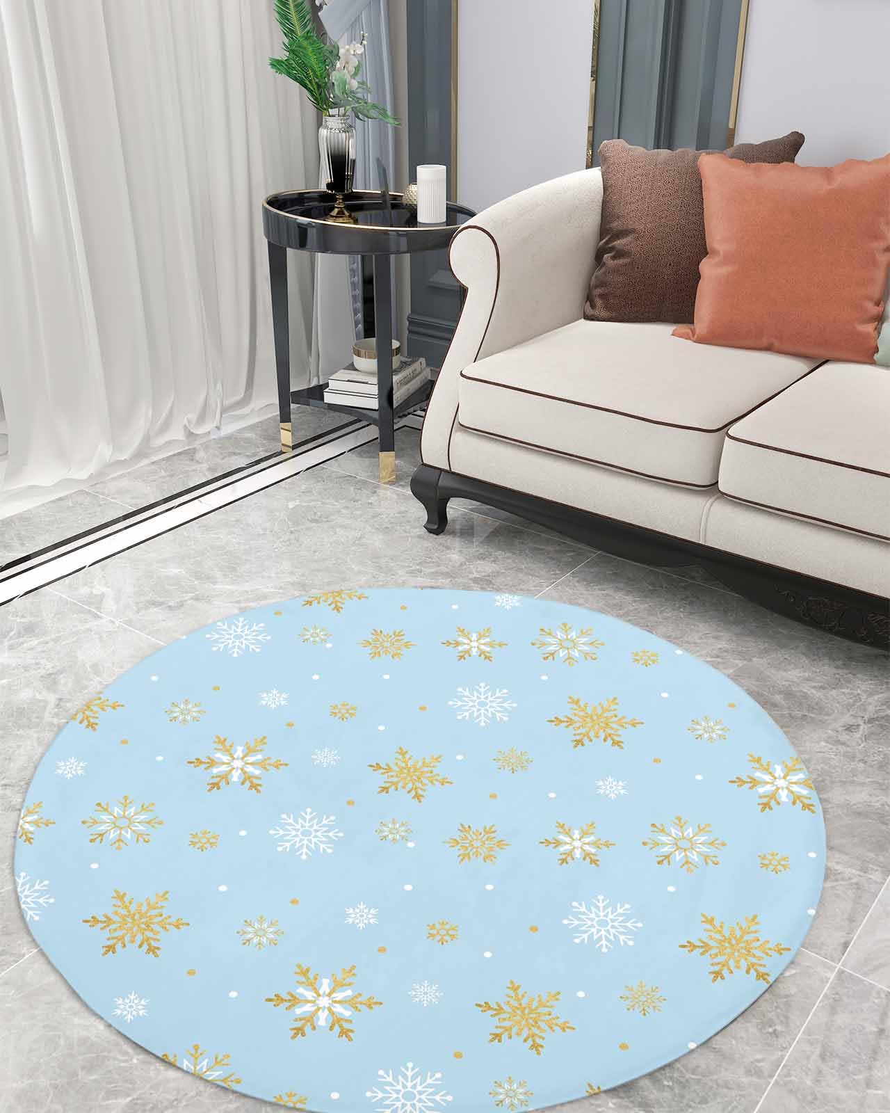 Snowflake Blue Fluffy Round Area Rug Carpets 3.3ft, Plush Shaggy Carpet Soft Circular Rugs, Non-Slip Fuzzy Accent Floor Mat for Living Room Bedroom Nursery Winter Christmas Contemporary Gold White