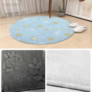 Snowflake Blue Fluffy Round Area Rug Carpets 3.3ft, Plush Shaggy Carpet Soft Circular Rugs, Non-Slip Fuzzy Accent Floor Mat for Living Room Bedroom Nursery Winter Christmas Contemporary Gold White