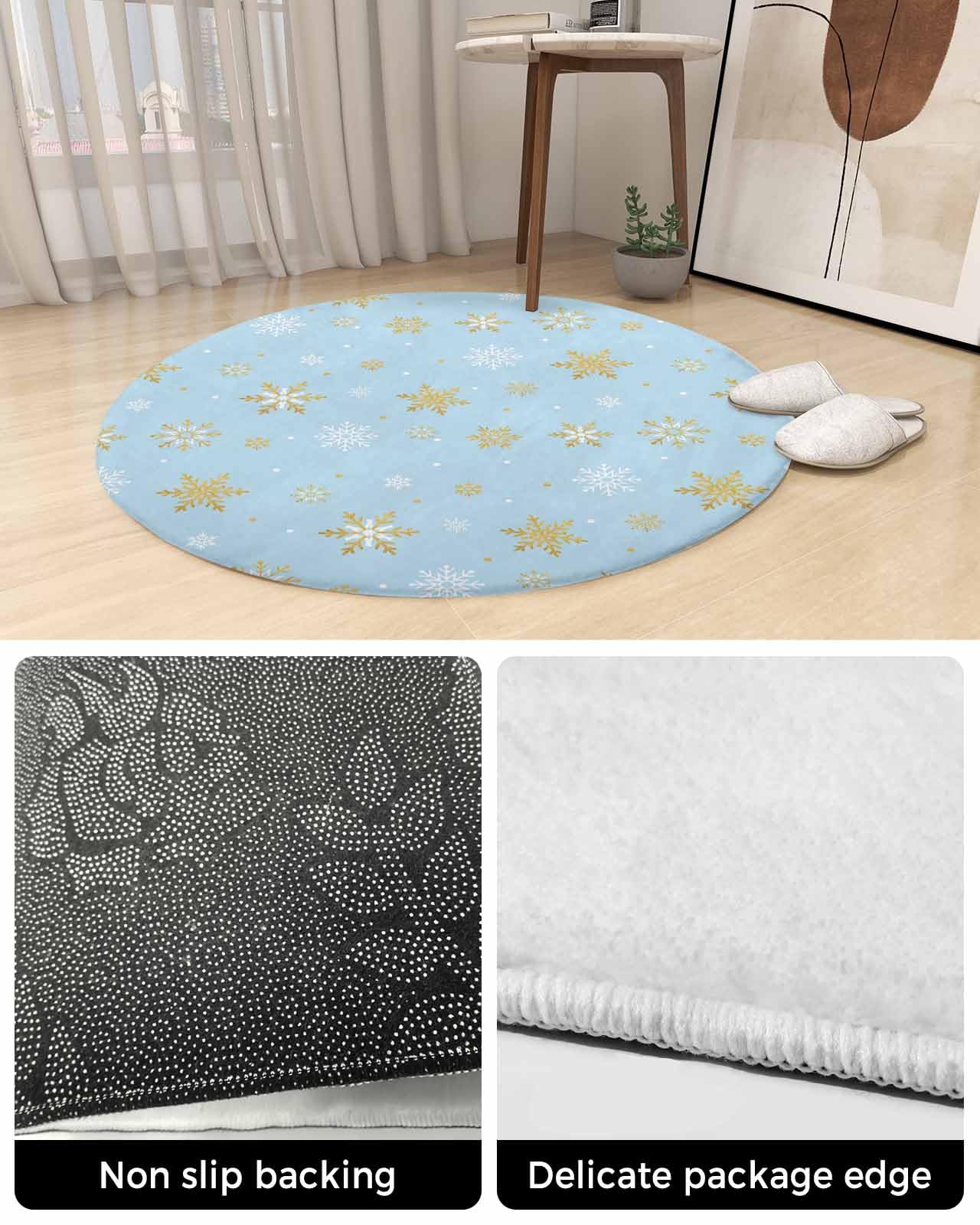 Snowflake Blue Fluffy Round Area Rug Carpets 3.3ft, Plush Shaggy Carpet Soft Circular Rugs, Non-Slip Fuzzy Accent Floor Mat for Living Room Bedroom Nursery Winter Christmas Contemporary Gold White