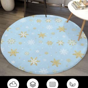 Snowflake Blue Fluffy Round Area Rug Carpets 3.3ft, Plush Shaggy Carpet Soft Circular Rugs, Non-Slip Fuzzy Accent Floor Mat for Living Room Bedroom Nursery Winter Christmas Contemporary Gold White