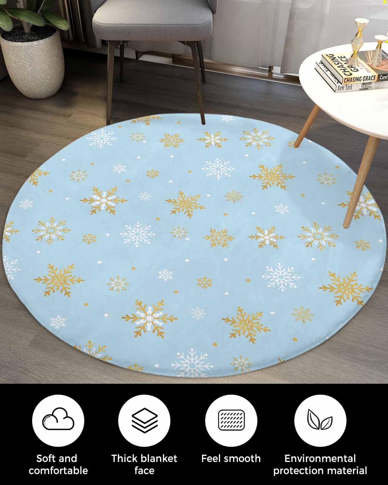 Snowflake Blue Fluffy Round Area Rug Carpets 3.3ft, Plush Shaggy Carpet Soft Circular Rugs, Non-Slip Fuzzy Accent Floor Mat for Living Room Bedroom Nursery Winter Christmas Contemporary Gold White