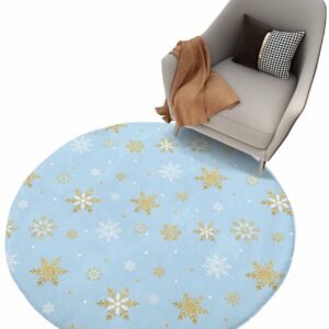 Snowflake Blue Fluffy Round Area Rug Carpets 3.3ft, Plush Shaggy Carpet Soft Circular Rugs, Non-Slip Fuzzy Accent Floor Mat for Living Room Bedroom Nursery Winter Christmas Contemporary Gold White