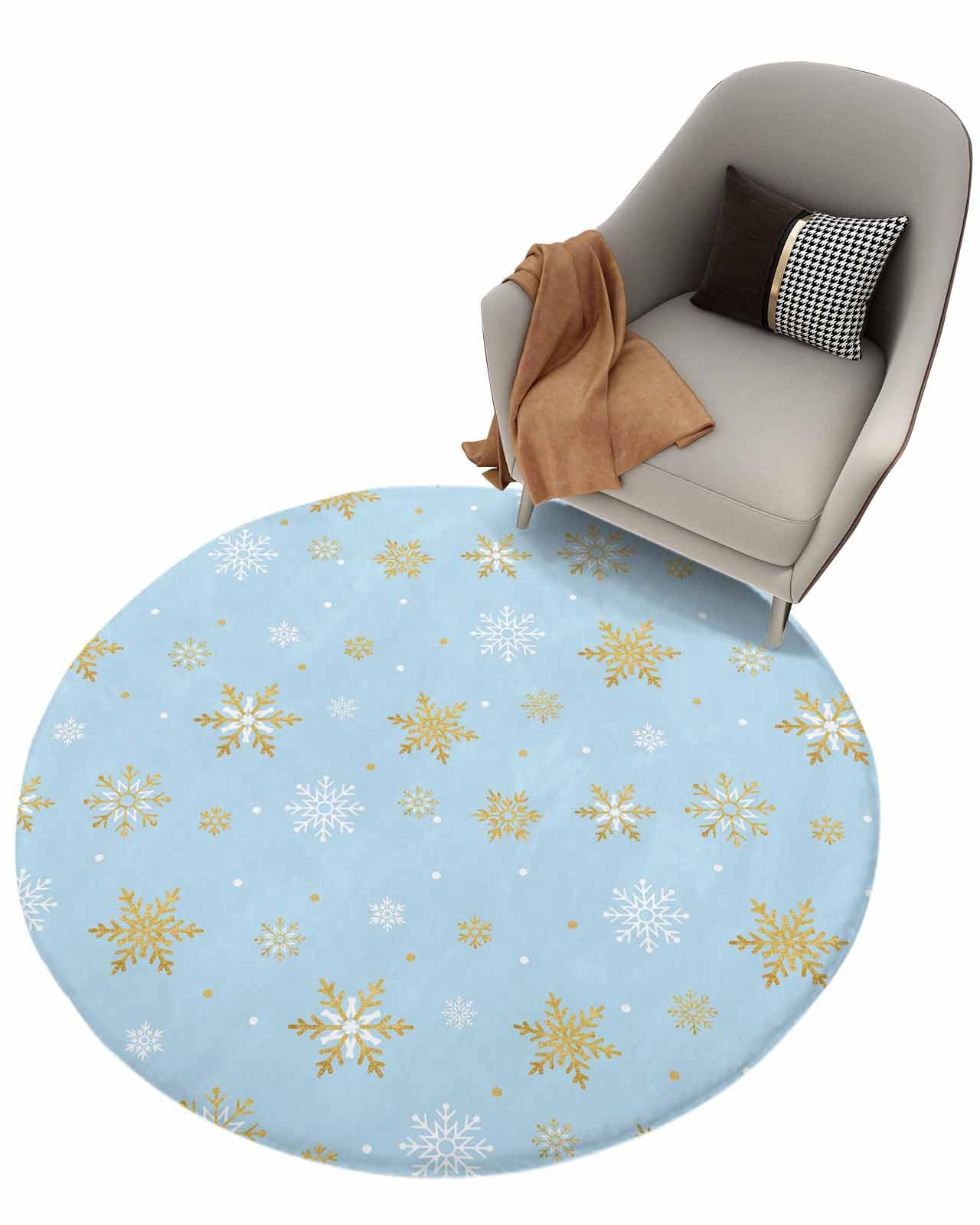 Snowflake Blue Fluffy Round Area Rug Carpets 3.3ft, Plush Shaggy Carpet Soft Circular Rugs, Non-Slip Fuzzy Accent Floor Mat for Living Room Bedroom Nursery Winter Christmas Contemporary Gold White