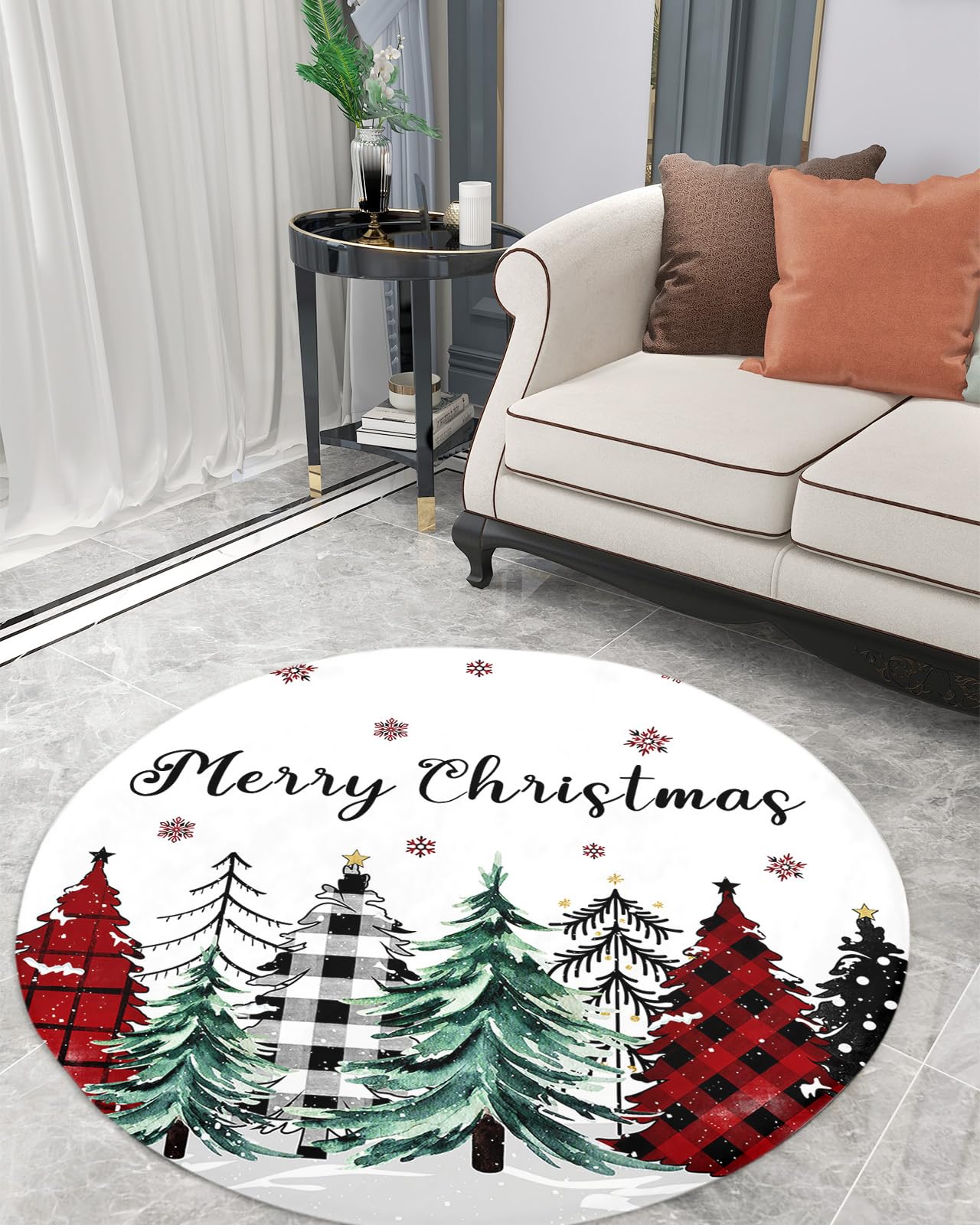 Buffalo Plaid Tree Fluffy Round Area Rug Carpets 3.3ft, Plush Shaggy Carpet Soft Circular Rugs, Non-Slip Fuzzy Accent Floor Mat for Living Room Bedroom Nursery Decor Christmas Red Green Black Dots