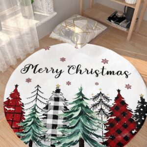 Buffalo Plaid Tree Fluffy Round Area Rug Carpets 3.3ft, Plush Shaggy Carpet Soft Circular Rugs, Non-Slip Fuzzy Accent Floor Mat for Living Room Bedroom Nursery Decor Christmas Red Green Black Dots