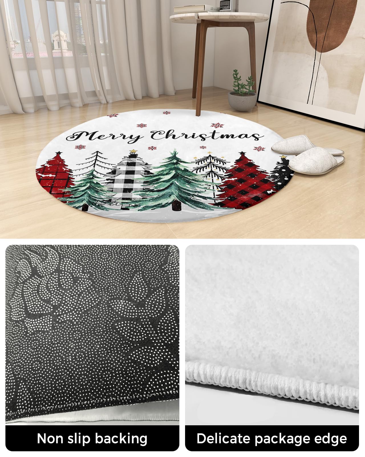 Buffalo Plaid Tree Fluffy Round Area Rug Carpets 3.3ft, Plush Shaggy Carpet Soft Circular Rugs, Non-Slip Fuzzy Accent Floor Mat for Living Room Bedroom Nursery Decor Christmas Red Green Black Dots