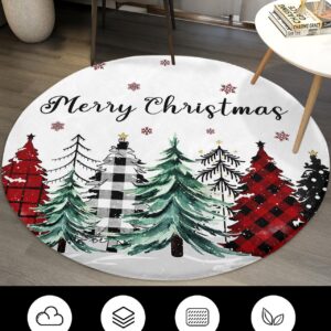 Buffalo Plaid Tree Fluffy Round Area Rug Carpets 3.3ft, Plush Shaggy Carpet Soft Circular Rugs, Non-Slip Fuzzy Accent Floor Mat for Living Room Bedroom Nursery Decor Christmas Red Green Black Dots